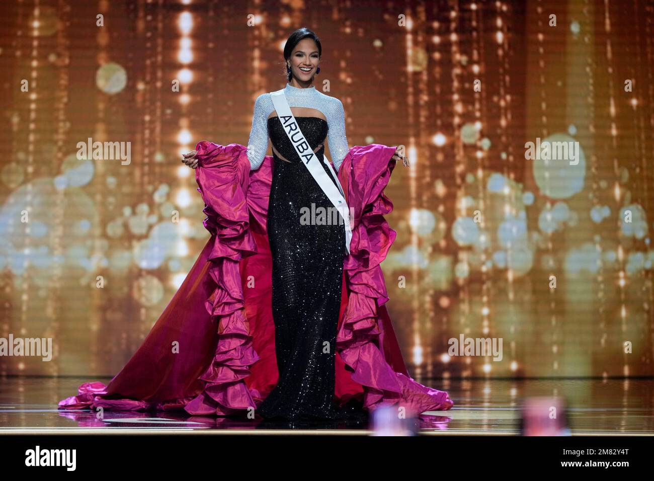 Miss Aruba Kiara Arends competes in the evening gown competition during ...