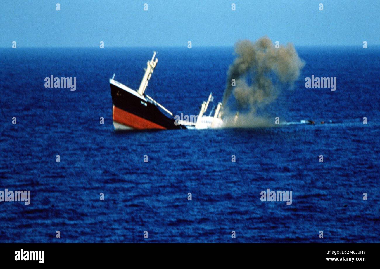A port side view of the sinking Panamanian ship "SKY ONE". The tank ...