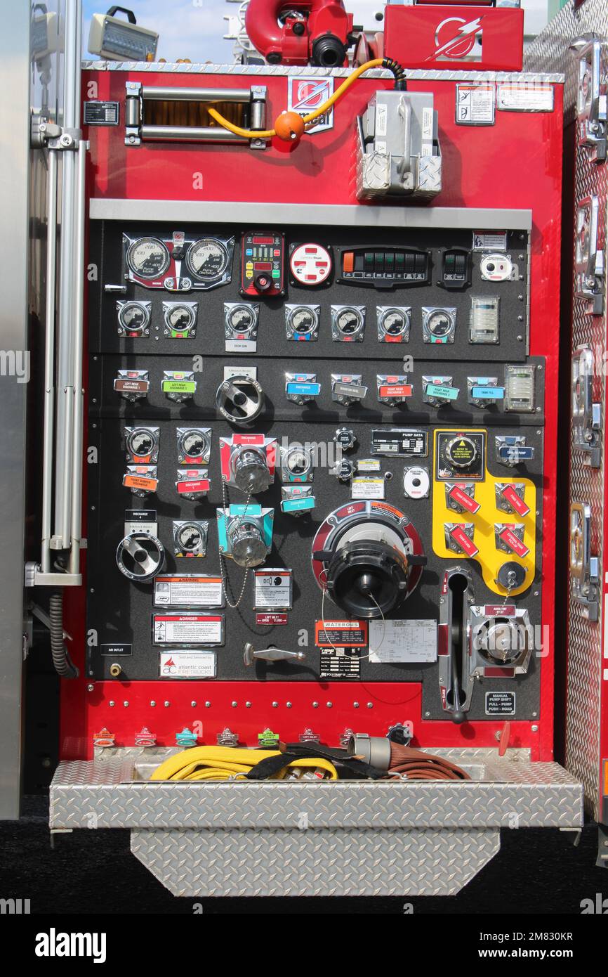 Closeup of American fire engine hose valve and connector panel Stock ...