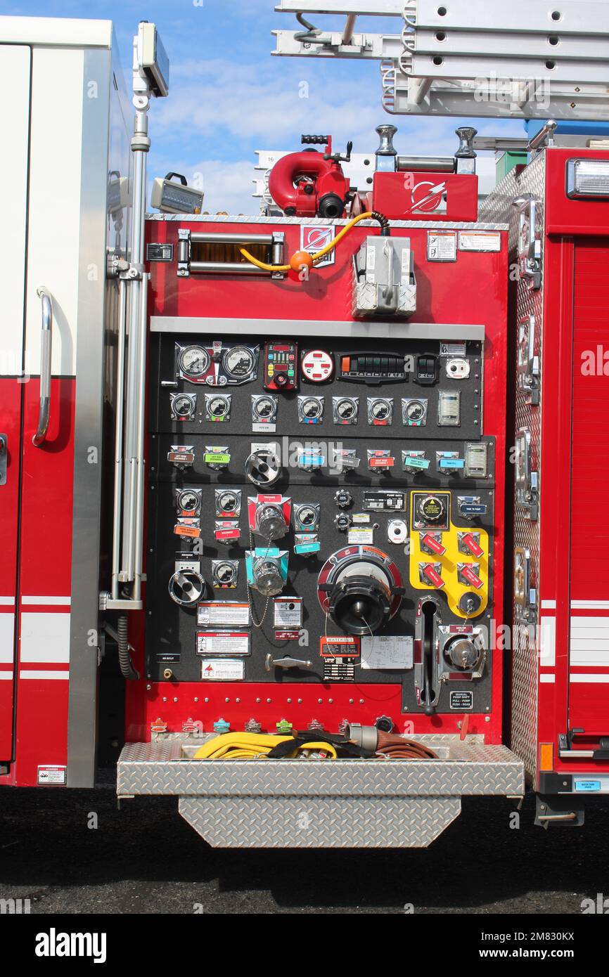 Closeup of American fire engine hose valve and connector panel Stock ...