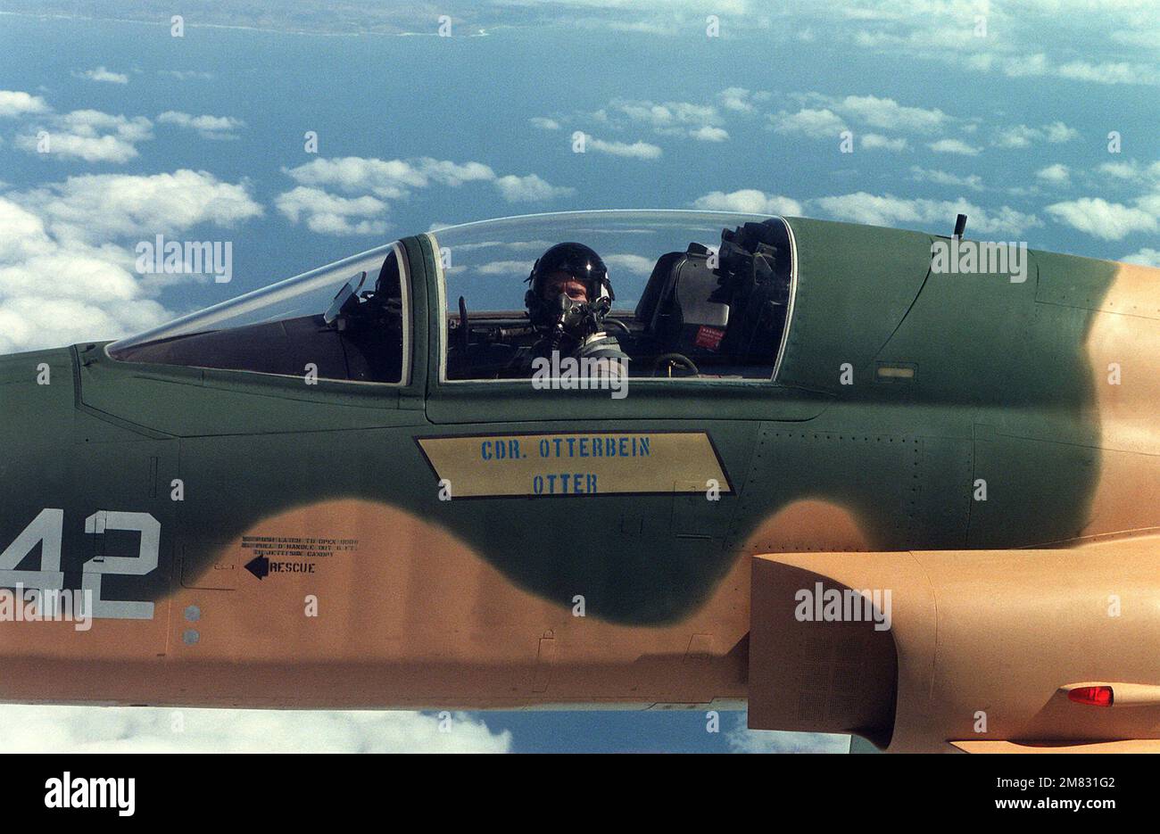 An air-to-air left side view of the pilot of a U.S. Navy F-5 Tiger II ...