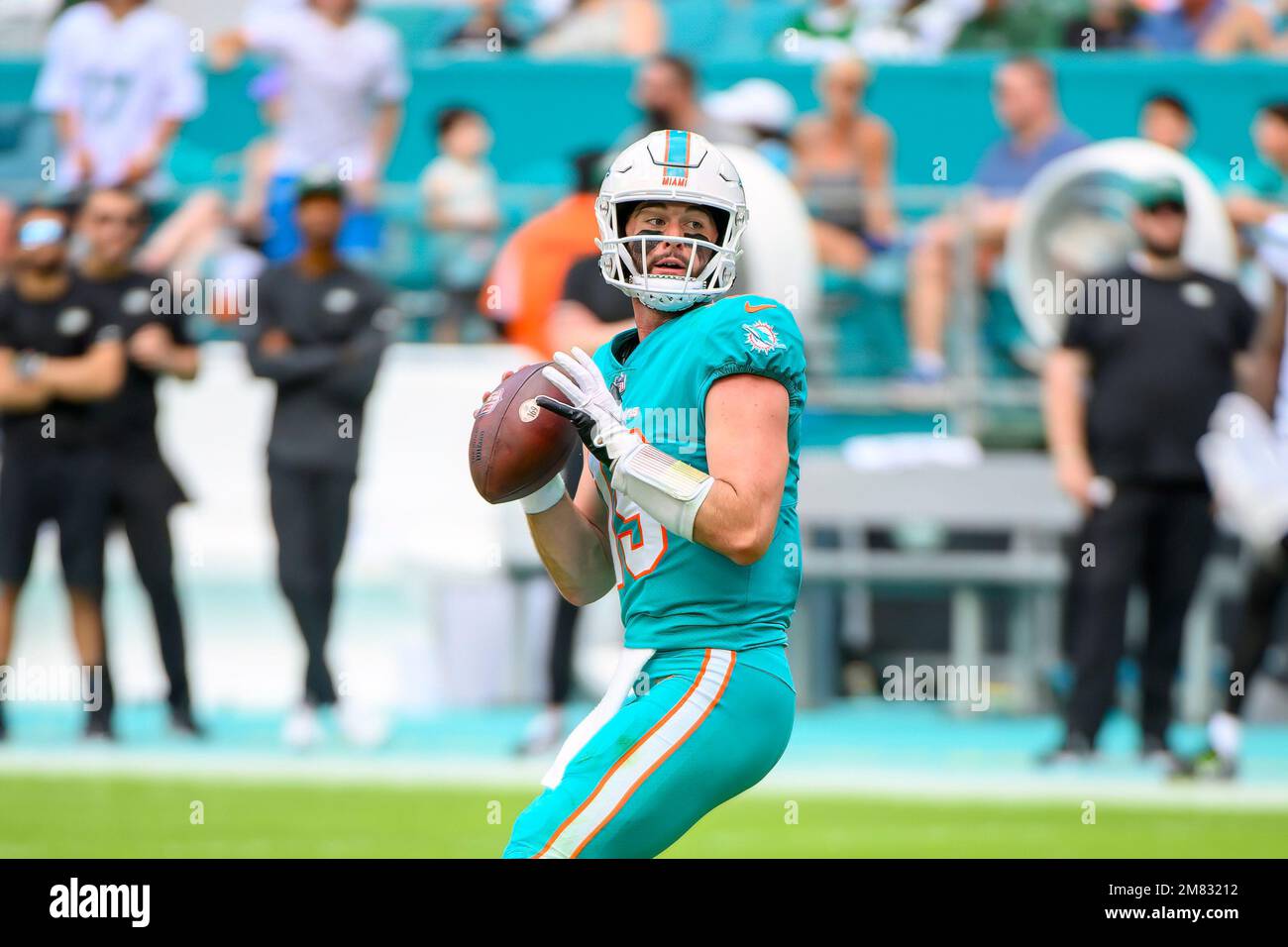 Miami Dolphins quarterback Skylar Thompson (19) looks to throw the ball ...