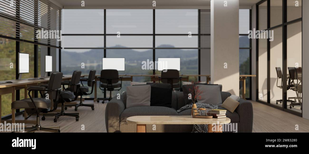 Modern office building on a skyscraper with co-working space, computer ...