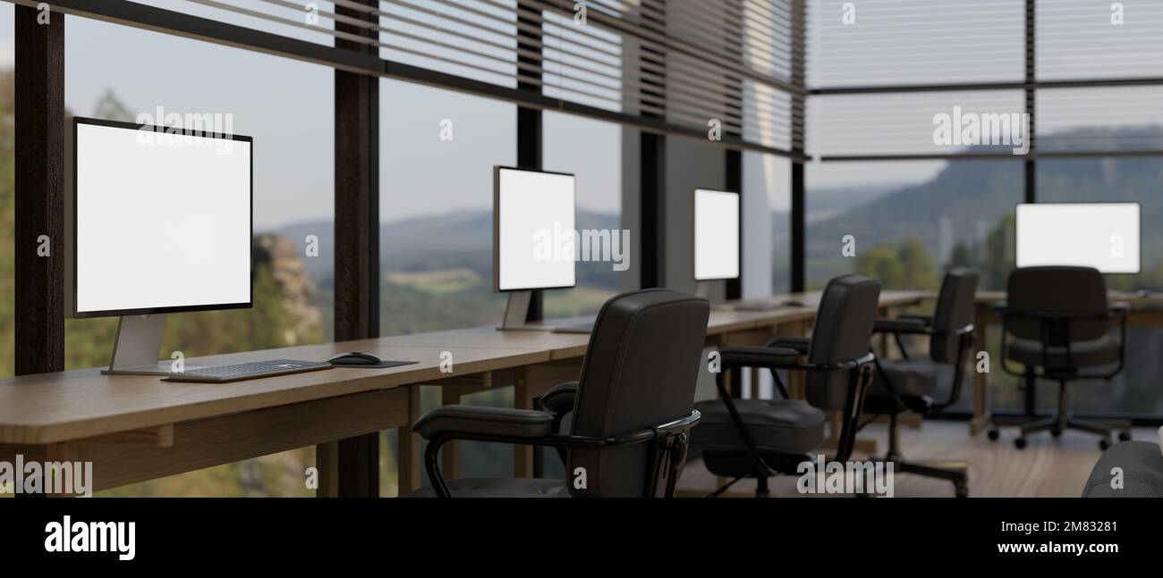 Modern office co-working space interior with workstation against the ...