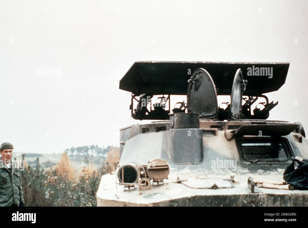 A front view of a Soviet BRDM-2 amphibious scout car with its Sagger AT ...