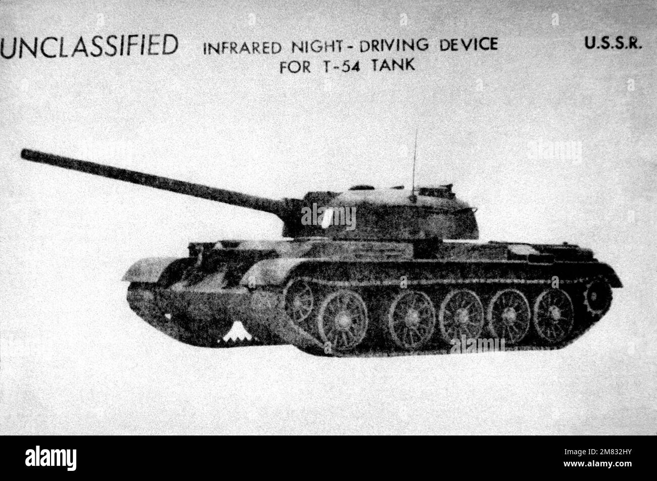 Left front view of a Soviet T-54 main battle tank equipped with an ...