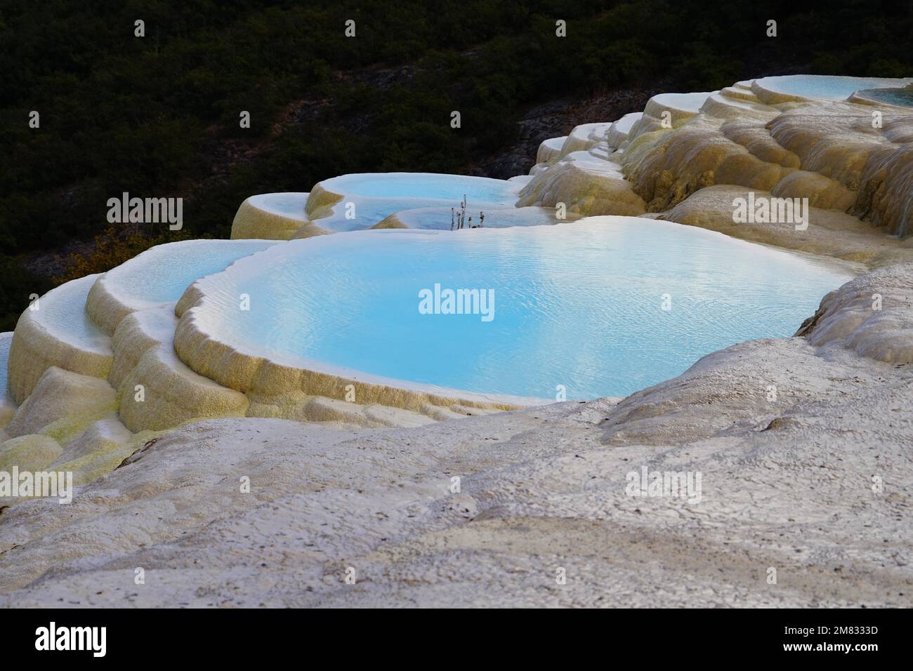 Aerial photo shows the mineral terraces of Baishuitai in Sanba Township ...
