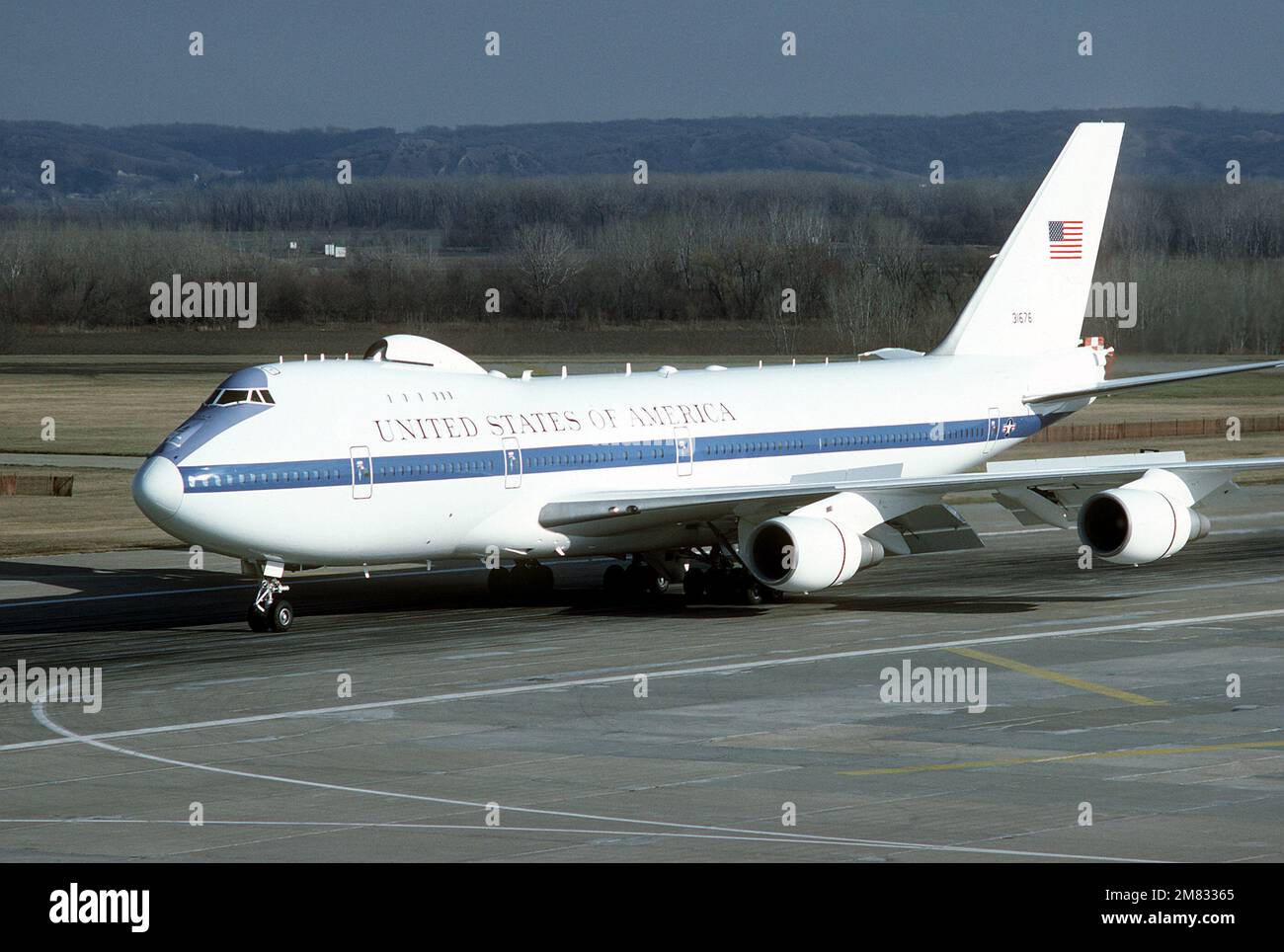 Left side view of a parked E-4B advanced airborne command post aircraft ...