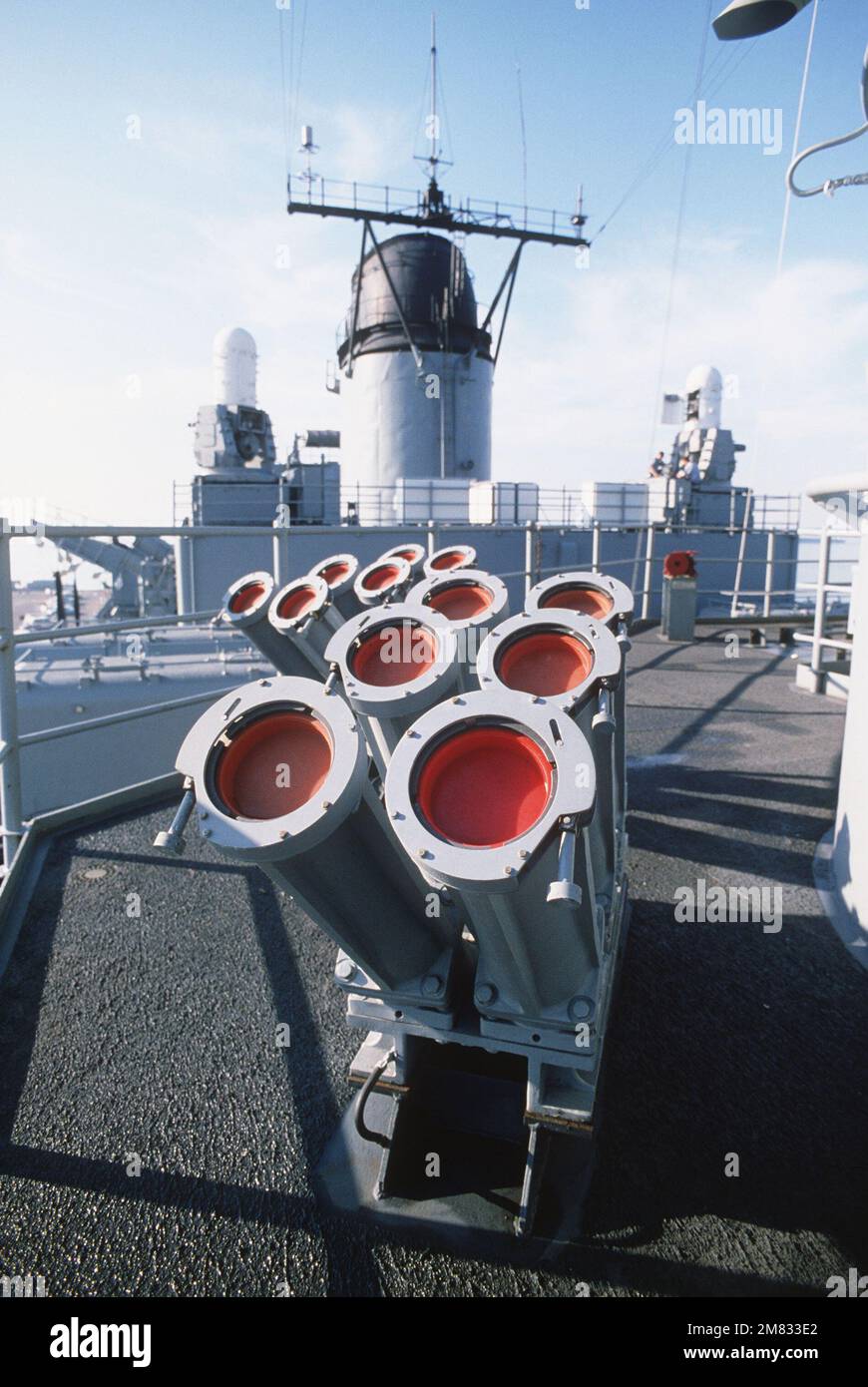The Mark-26 super rapid boom chaff launchers aboard the battleship USS ...