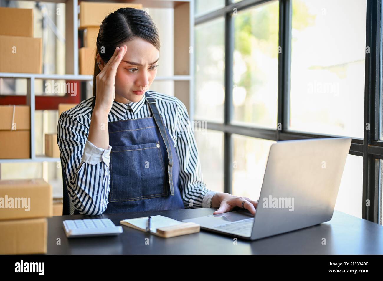 Stressed and serious millennial Asian female e-commerce business ...