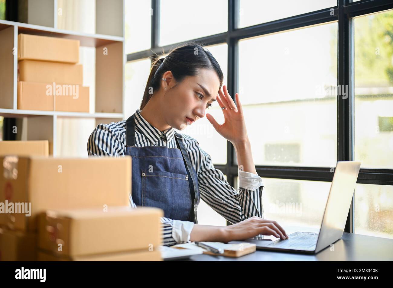 Stressed and concentrated millennial Asian female e-commerce business ...