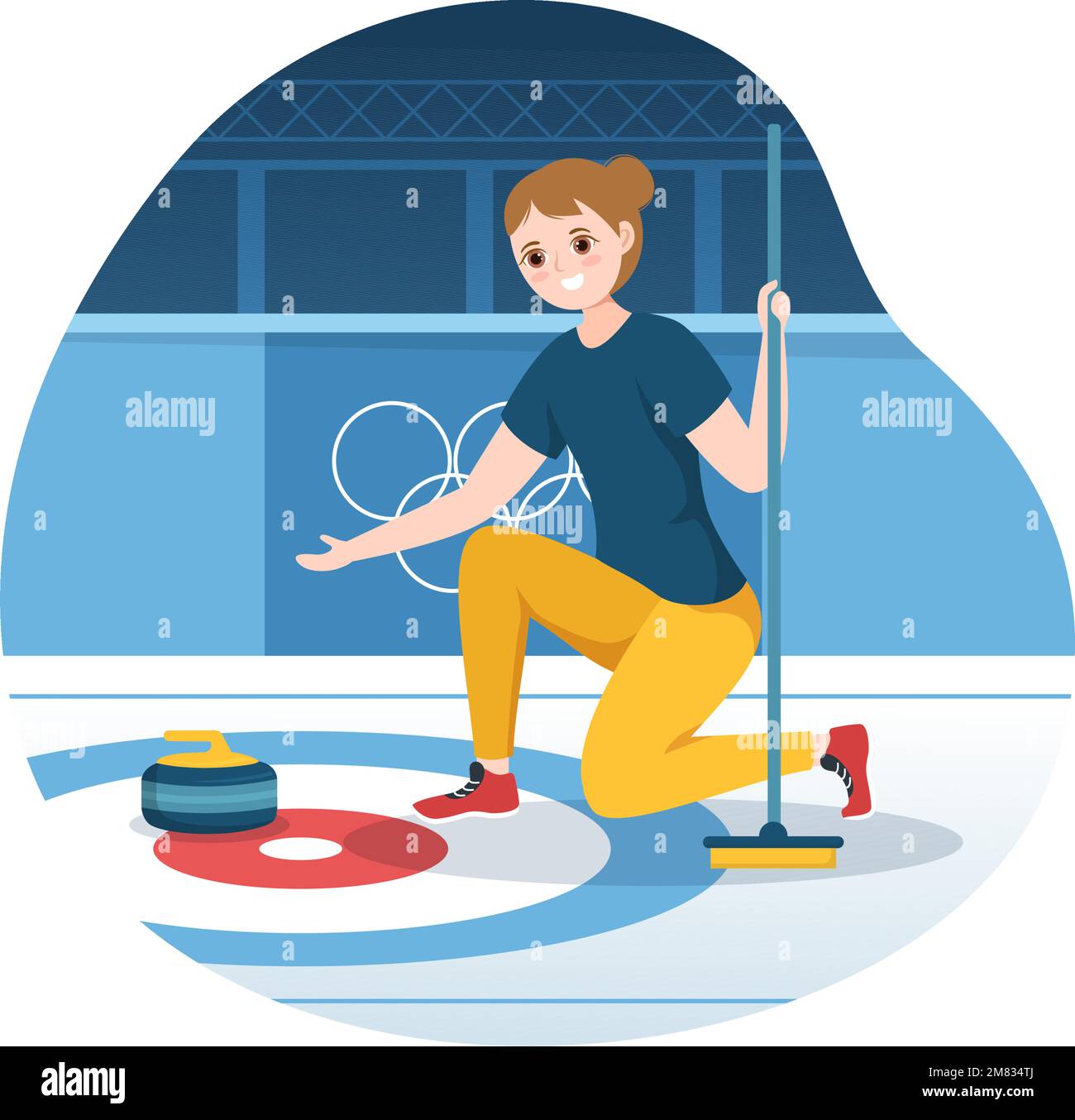 Curling Sport Illustration with Team Playing Game of Rocks and Broom in ...