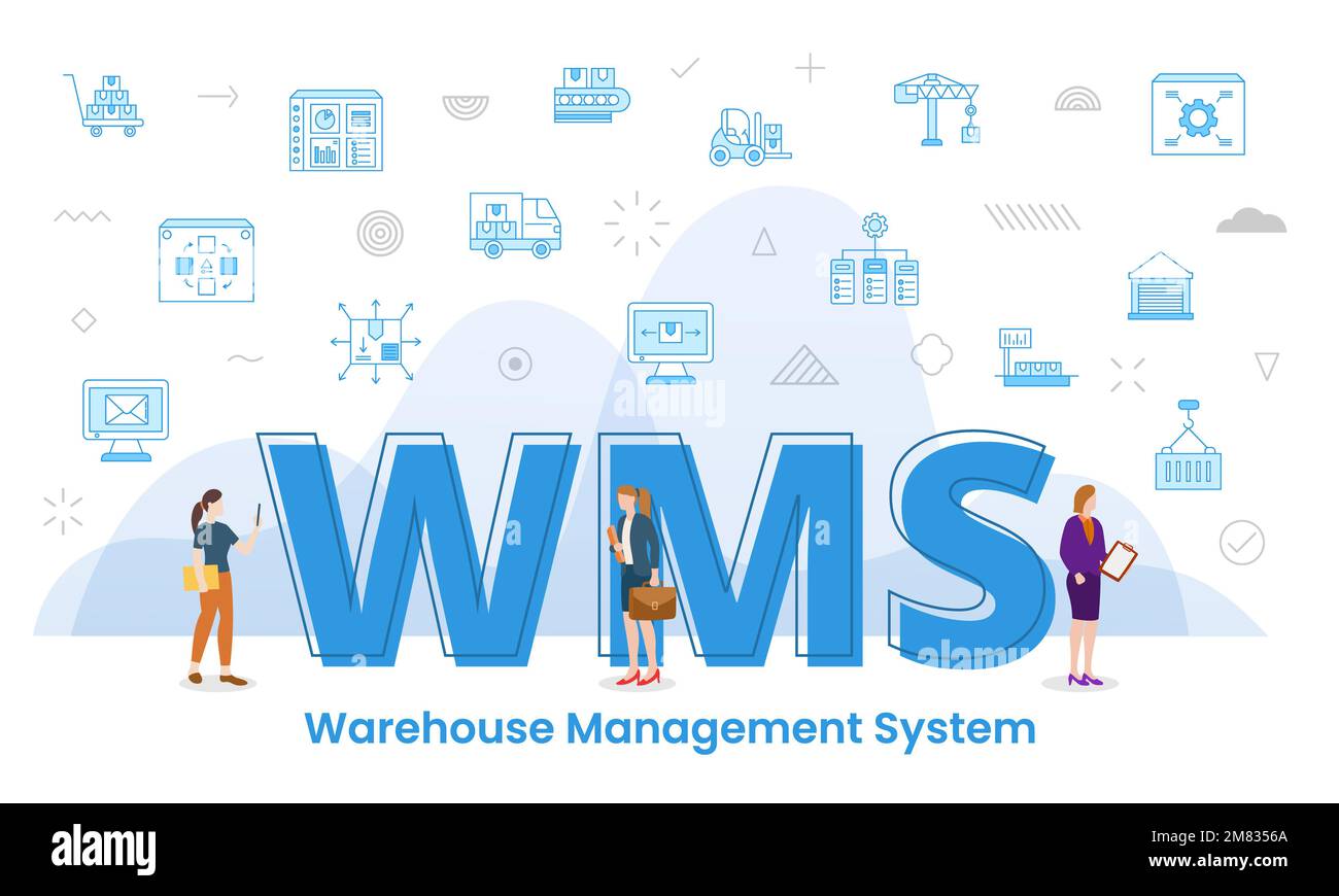 wms warehouse management concept with big words and people surrounded ...