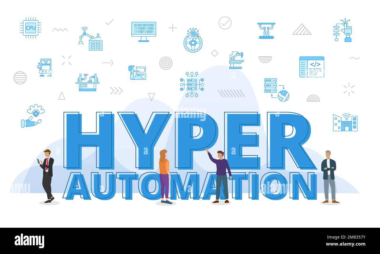 hyper automation concept with big words and people surrounded by related icon spreading vector ...
