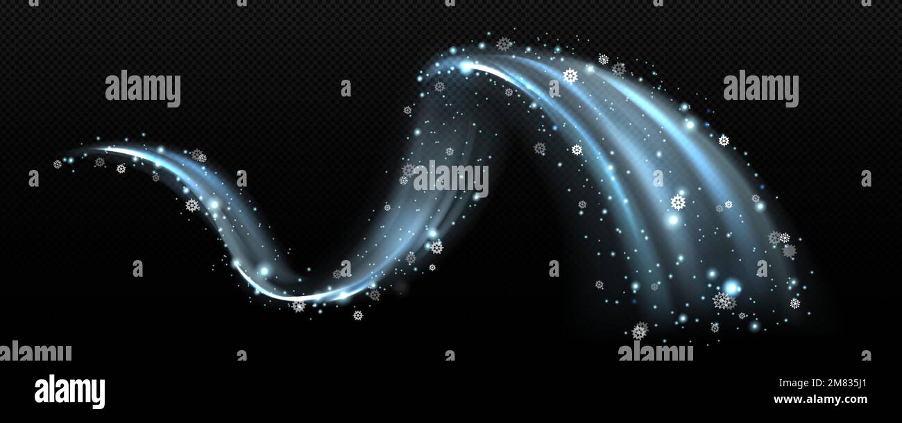 Cold winter light effect, curve bright twinkle line. Wind blow with ...