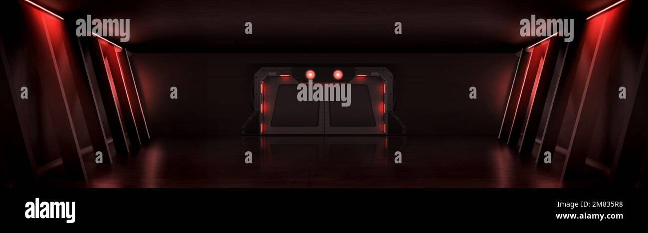 Dark hall with closed metal door and neon red lamp illumination ...