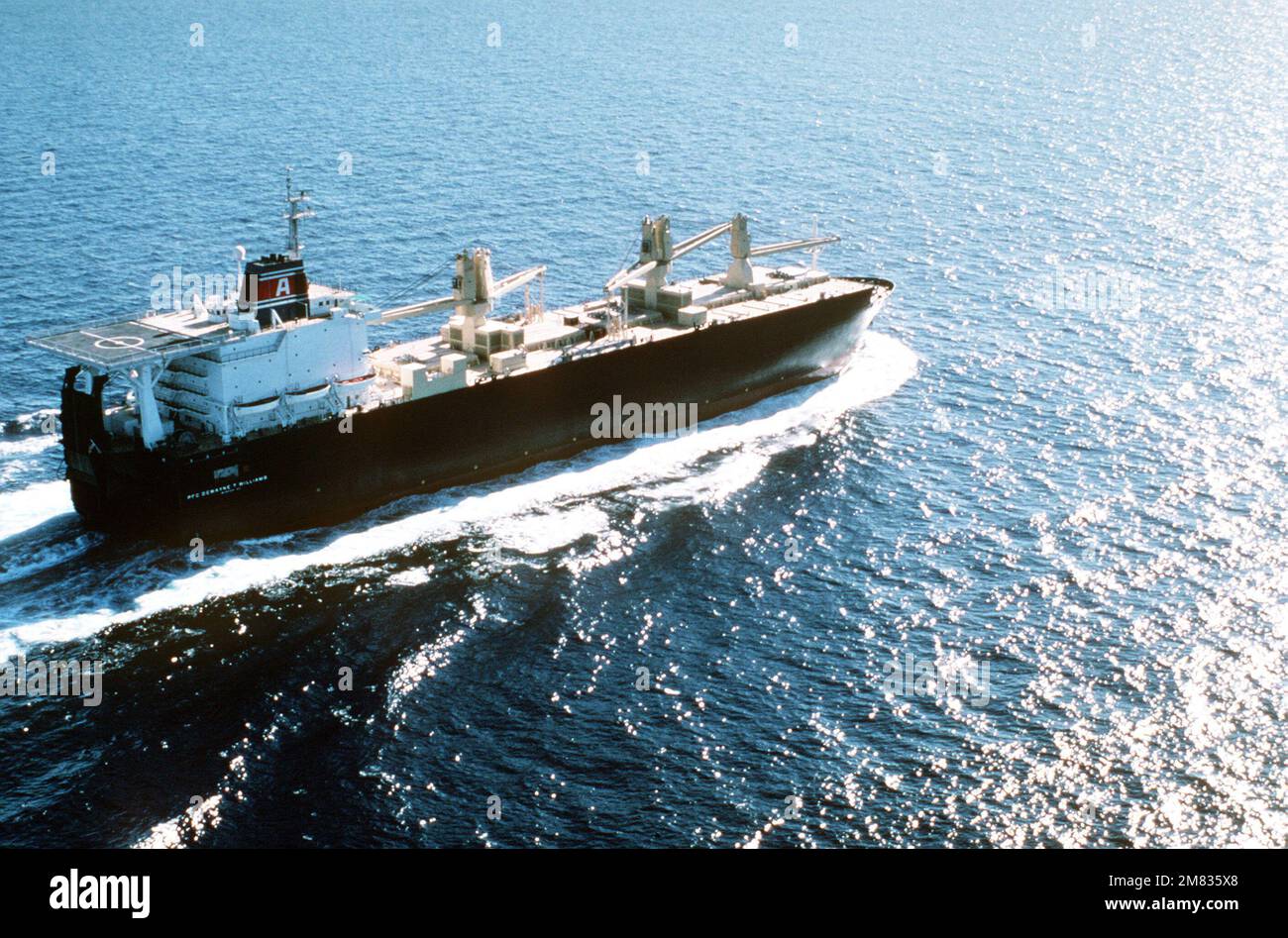 Aerial starboard quarter view of the maritime prepositioning ship USNS ...