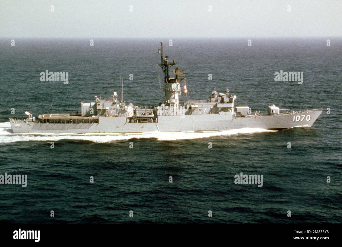 Aerial starboard beam view of the frigate USS DOWNES (FF 1070) underway ...