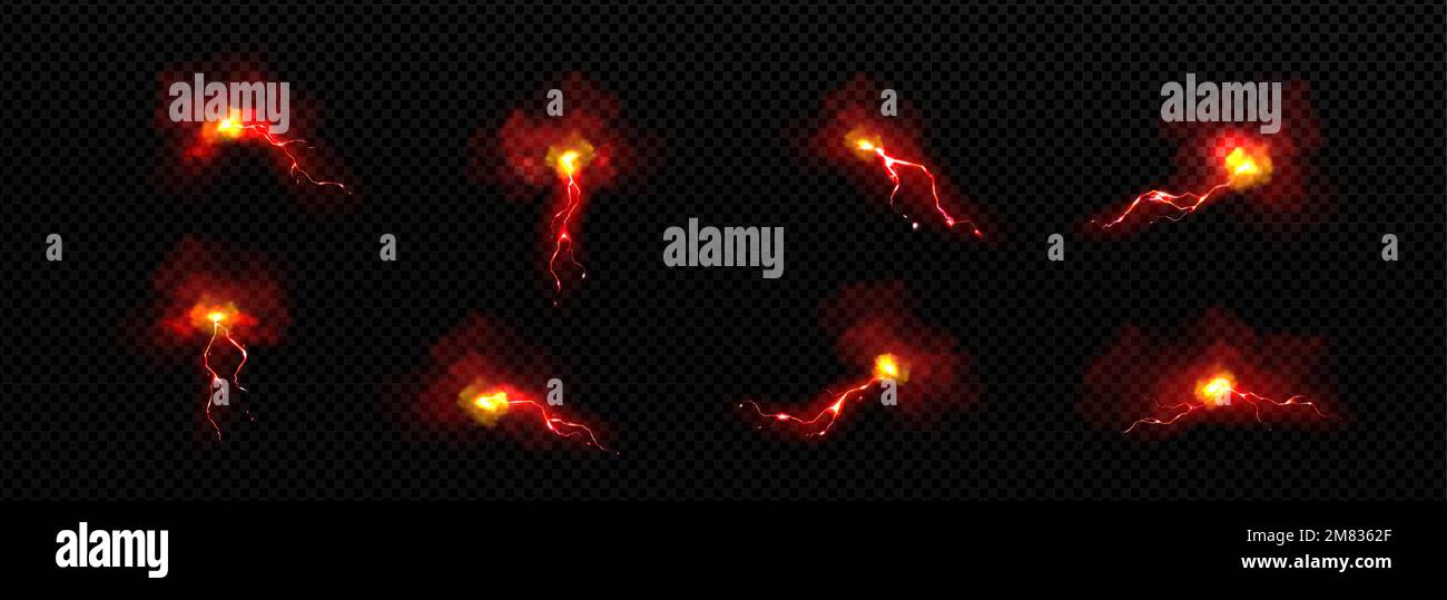 Lightnings, electric thunder bolts in storm clouds at night. Yellow ...
