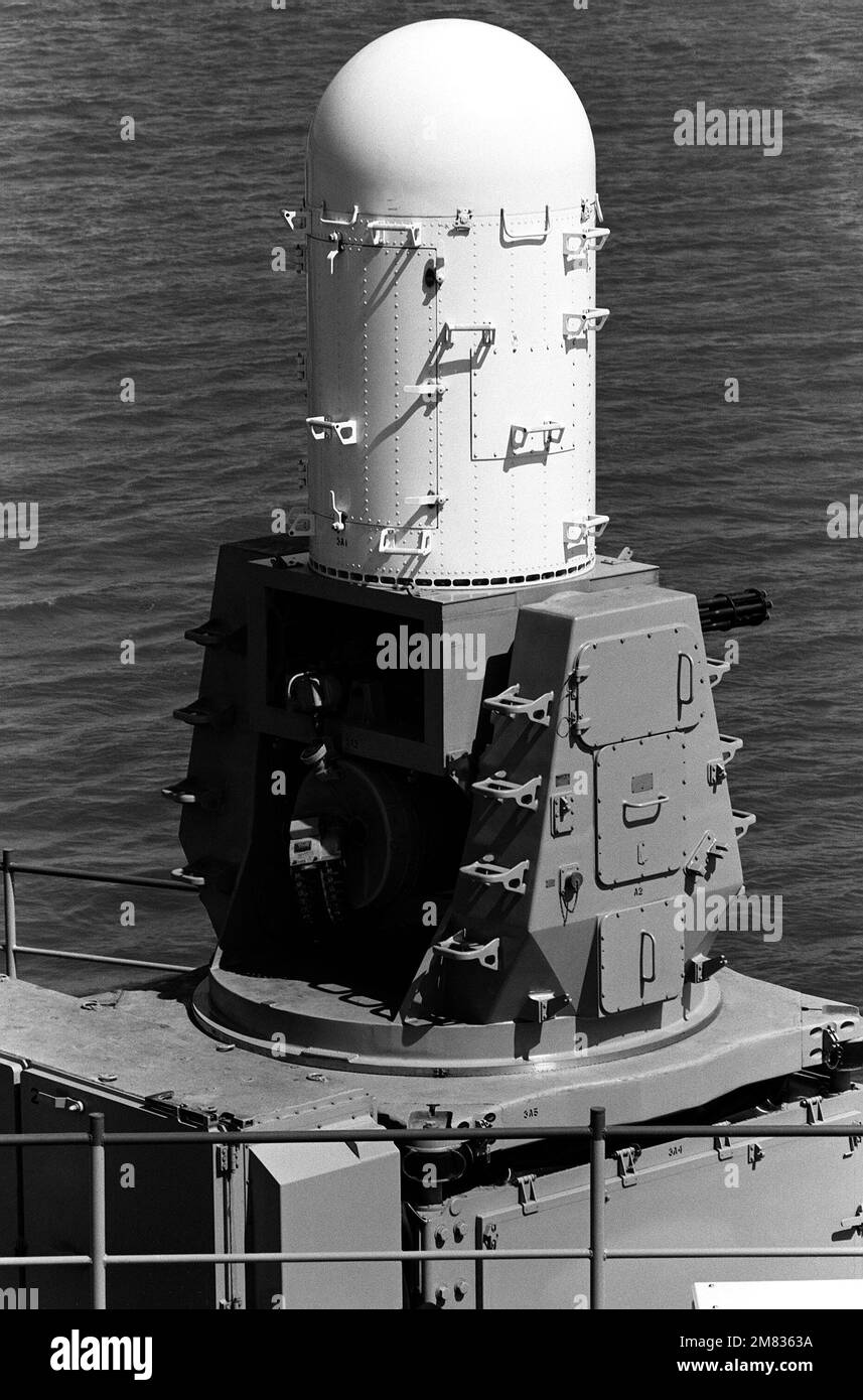 A Mark-16 Phalanx close-in weapon system mounted on the port quarter of ...
