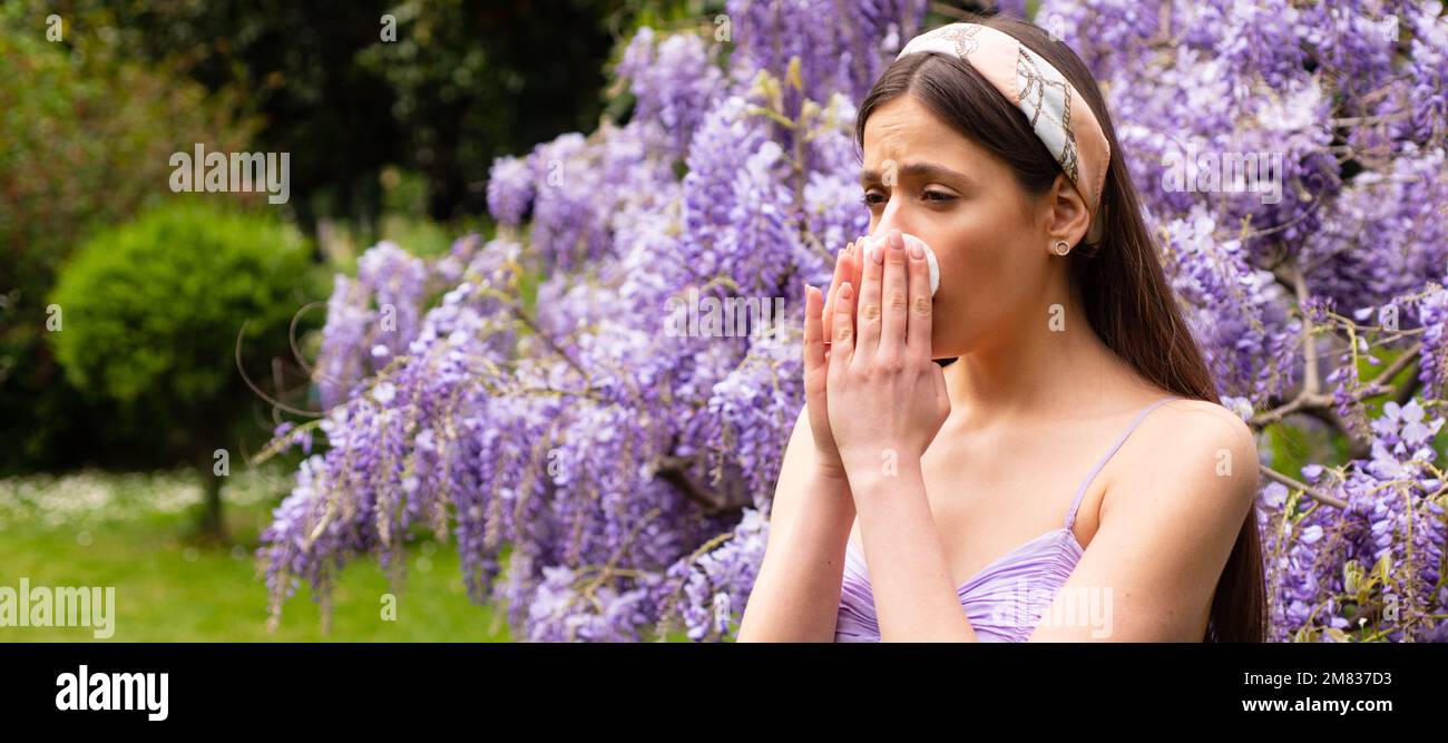 Spring allergy, flu. Banner. Girl with nose allergy sneezing. Polen ...
