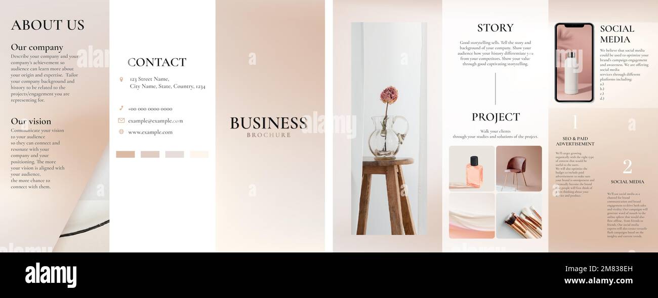 Tri-fold business brochure template vector in feminine style design ...