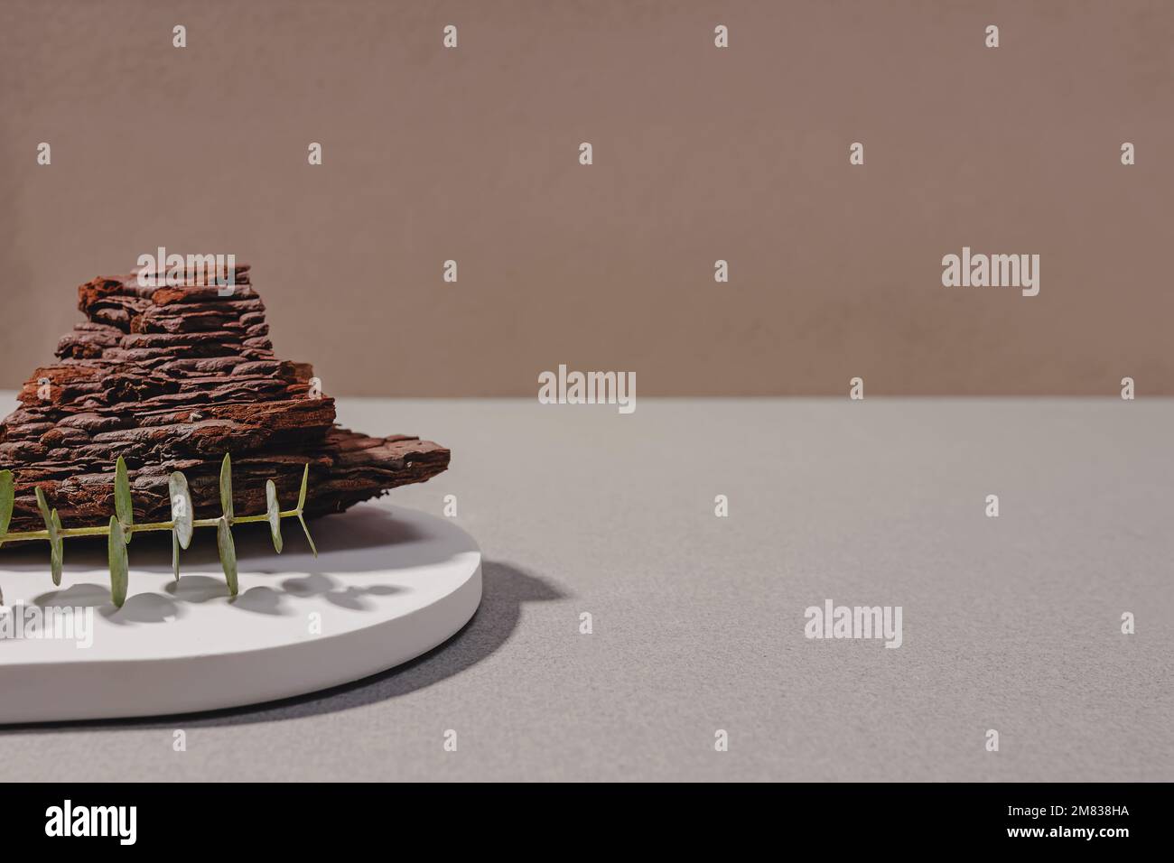 Minimalist modern still life composition with tree bark, stone ...