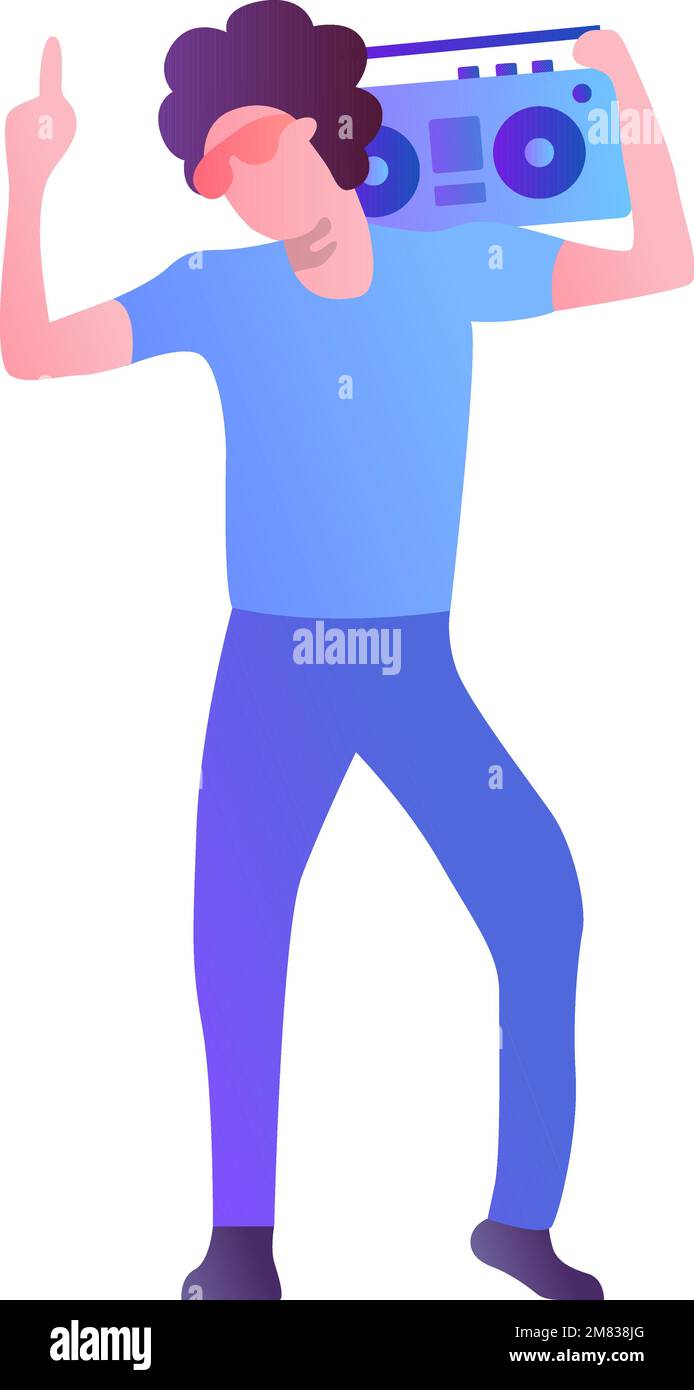 Man listening music in tape recorder vector icon. Happy male person ...