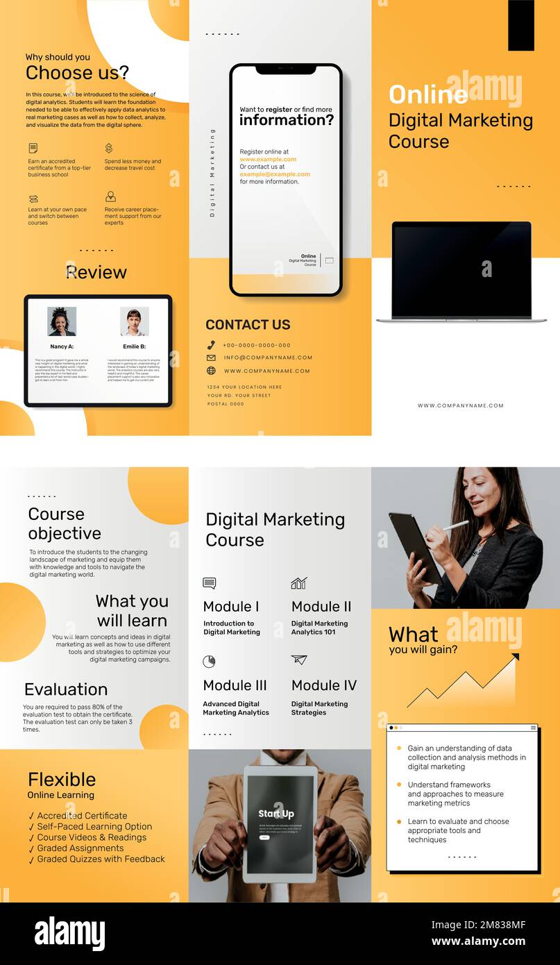 Tri-fold business course brochure template vector for digital marketing ...