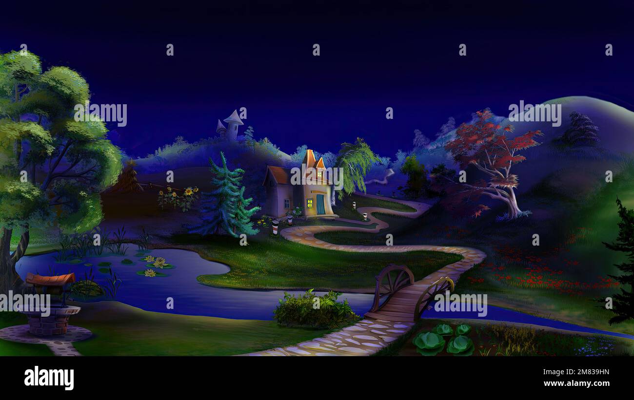 Suburban summer night in the summertime. Digital Painting Background ...