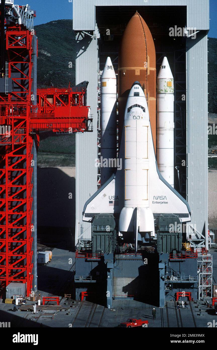 A view of the space shuttle Enterprise, mated to an external fuel tank ...