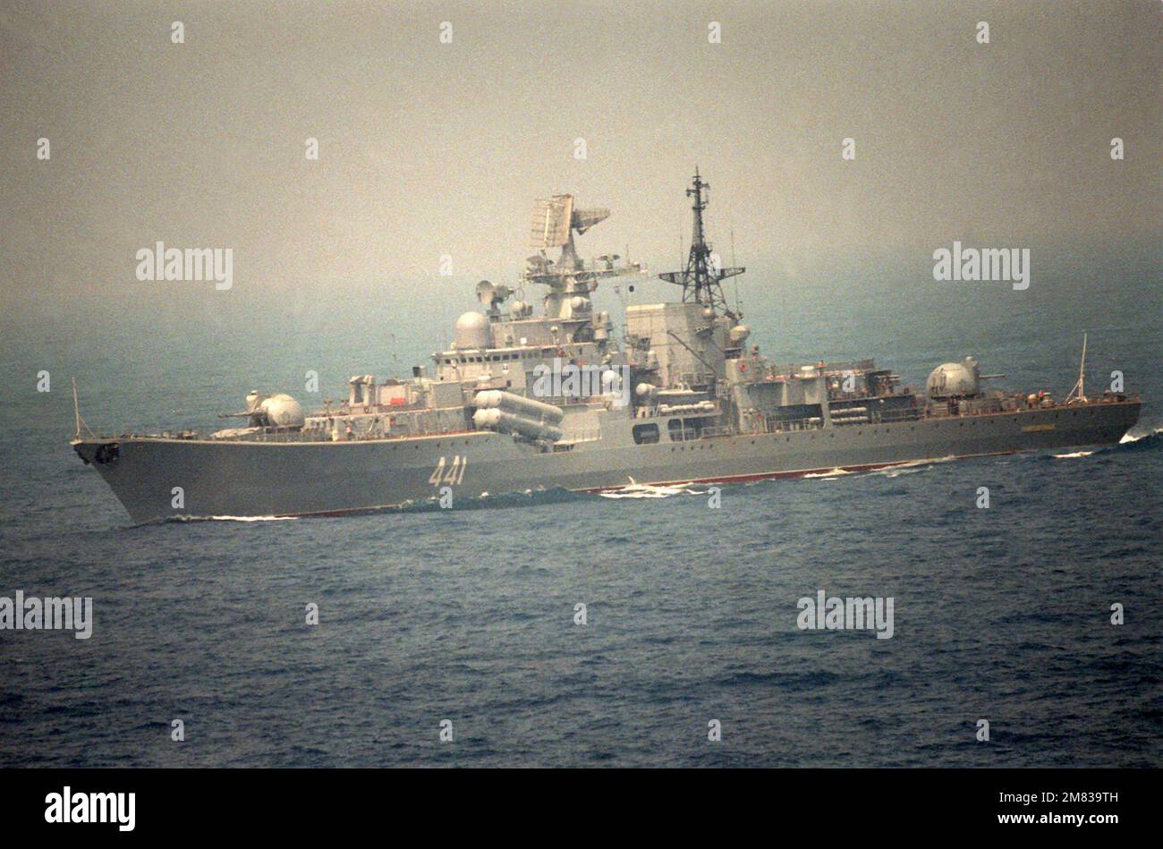 A port bow view of a Soviet Sovremenny Class guided missile destroyer ...