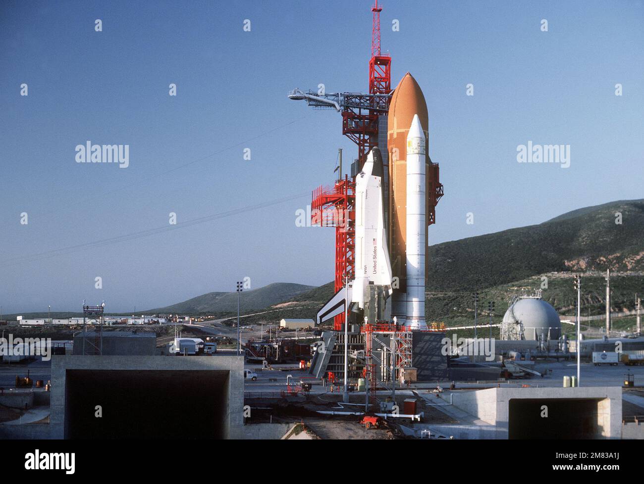 The Space Shuttle Enterprise in launch position on the Space Launch ...