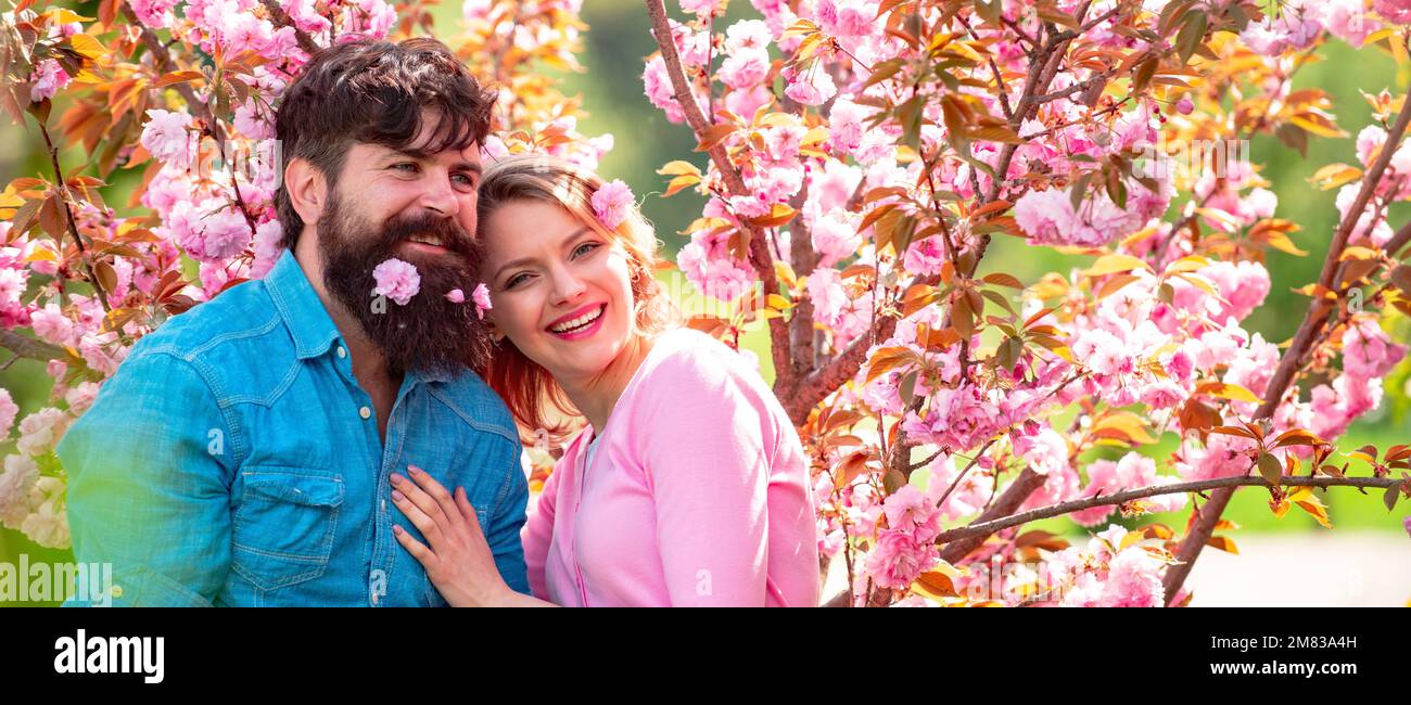 Couple in love, spring banner. Happy couple enjoying sunny day in park ...