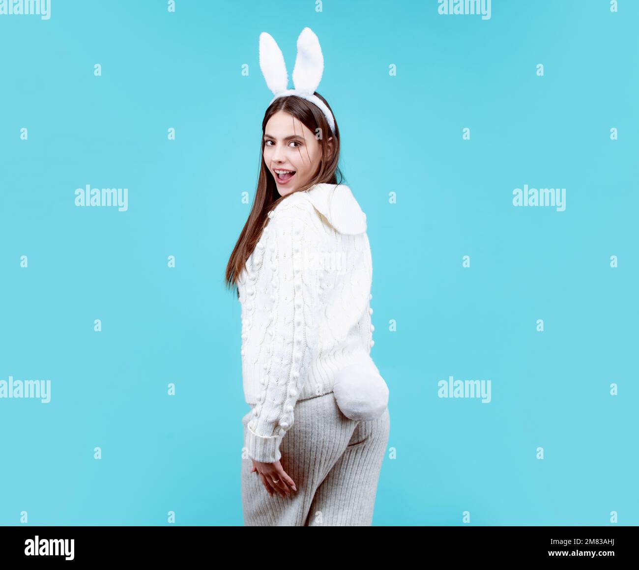Easter bunny girl. Happy Easter. Funny girl with bunny ears on Easter ...