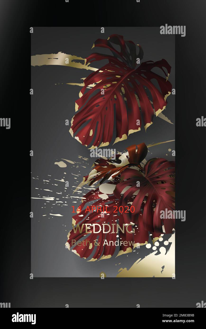 Tropical gold maroon monstera leaves on black dark background vector ...