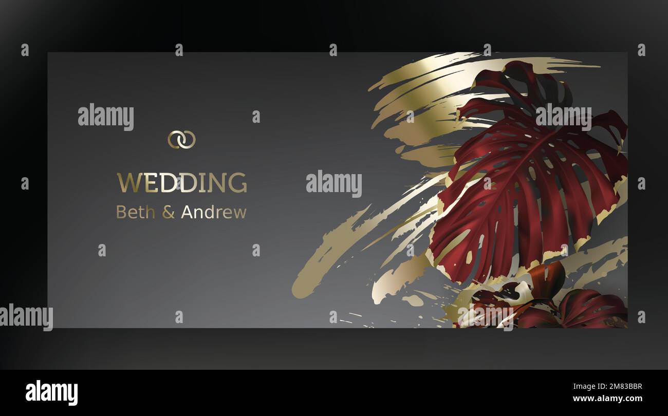 Tropical gold maroon monstera leaves on black dark background vector ...