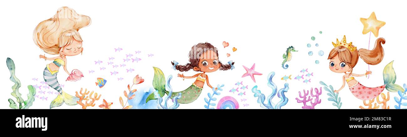 Horizontal Banner with Cute Watercolor Girls Mermaid. Multicultural ...