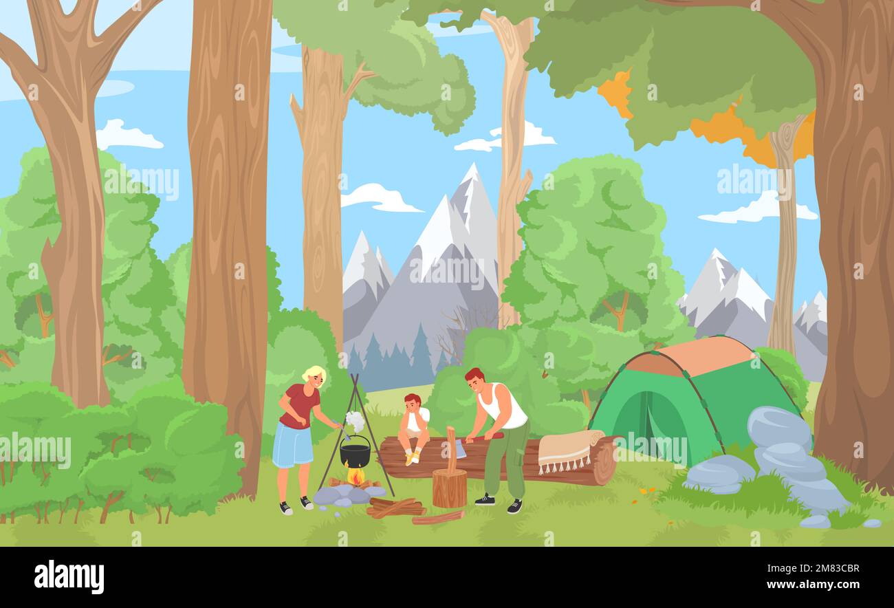 Family camp in forest cartoon vector illustration Stock Vector Image ...