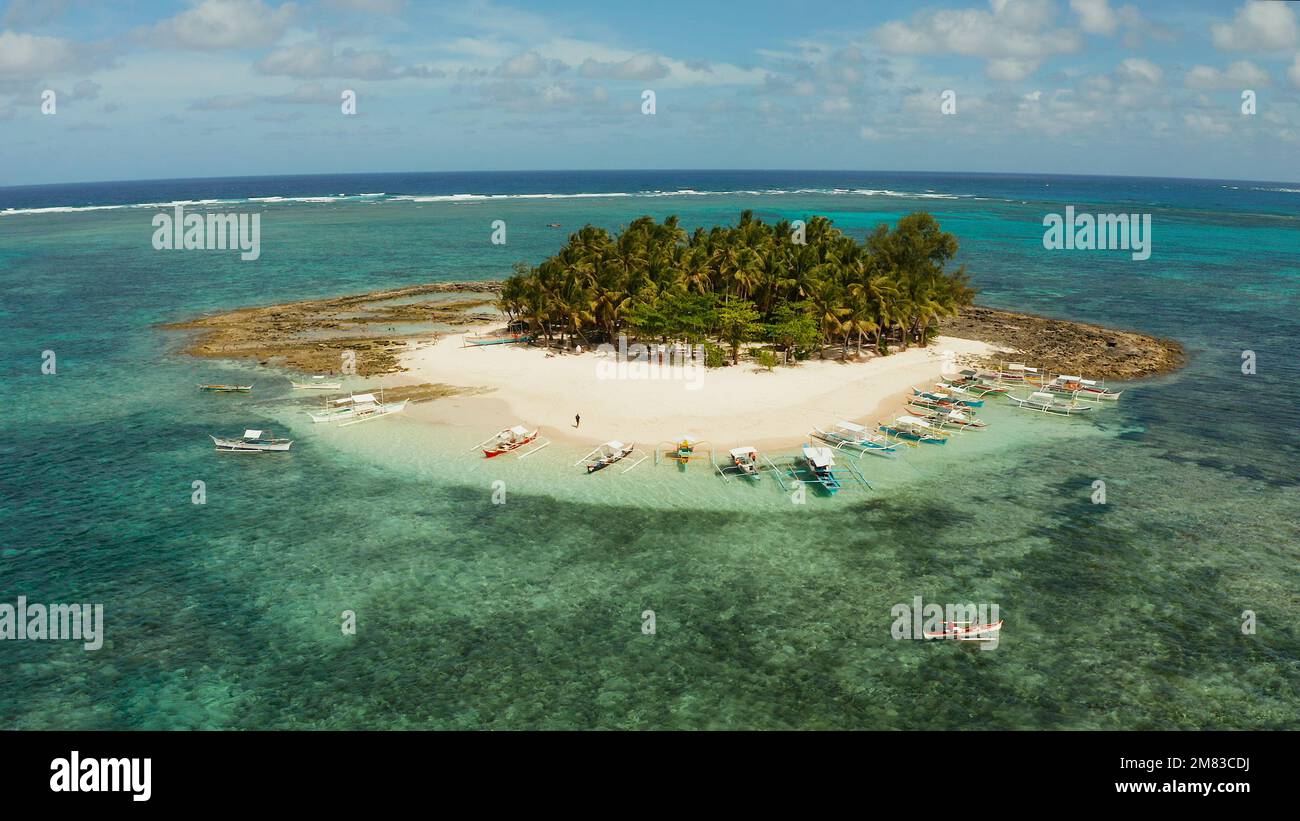 Tropical island with sand beach, palm trees by atoll with coral reef ...