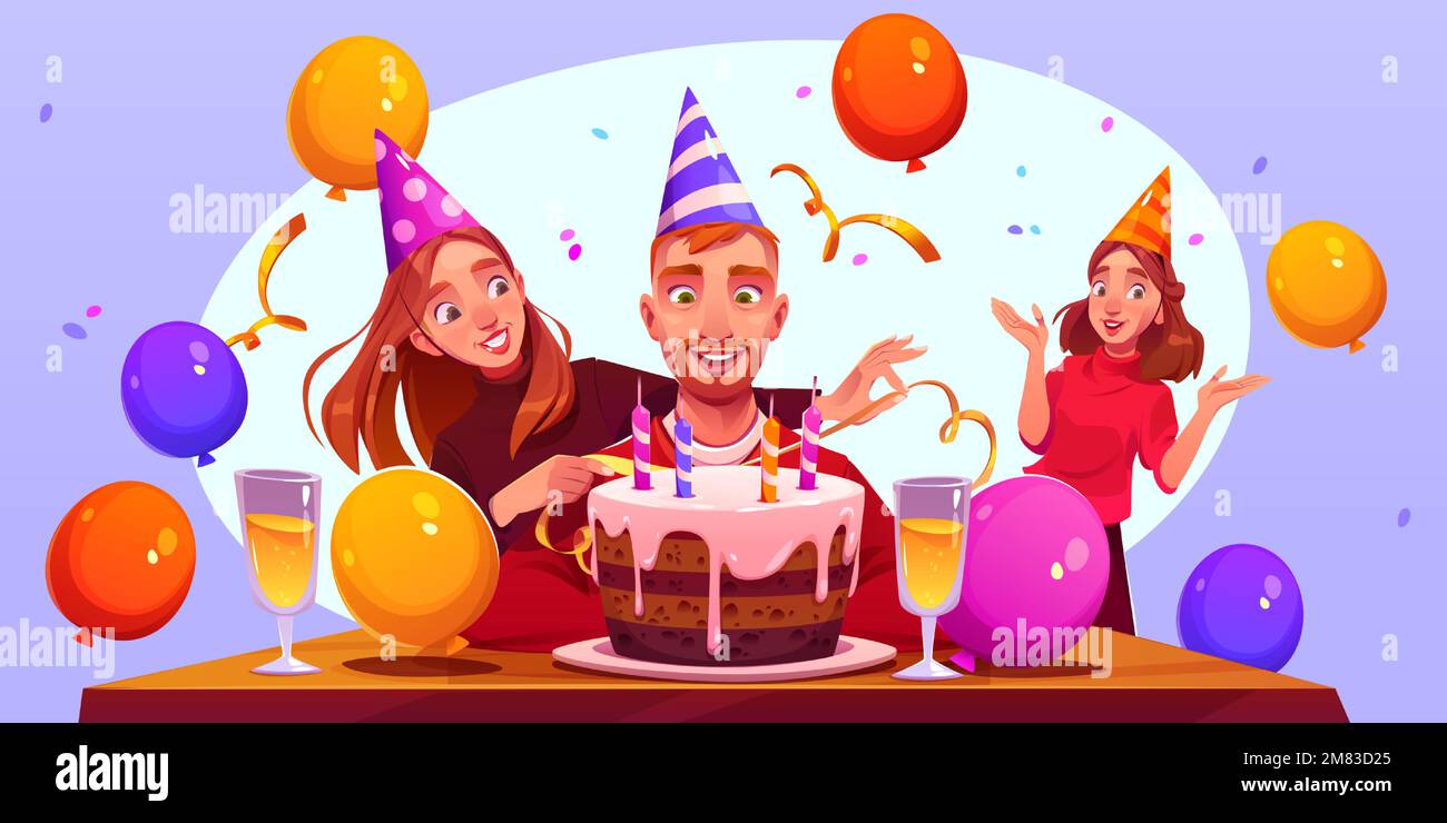 Birthday party with happy celebrating people, cake with candles ...