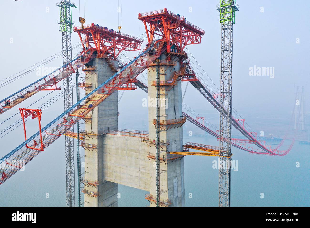 Aerial photo shows the construction of the river-crossing passage on ...