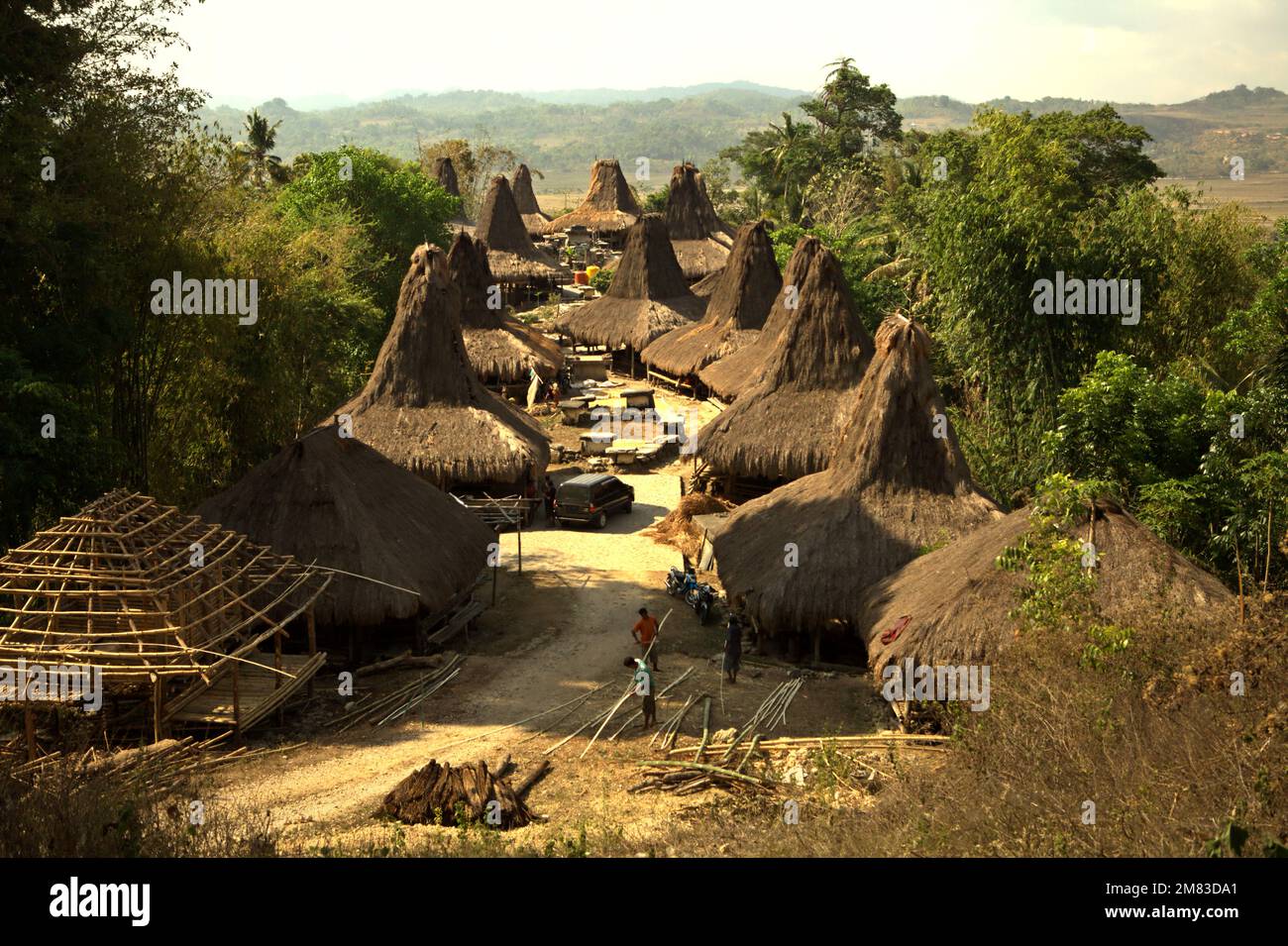 View of vernacular houses with thatched roofs in the indigenous village ...