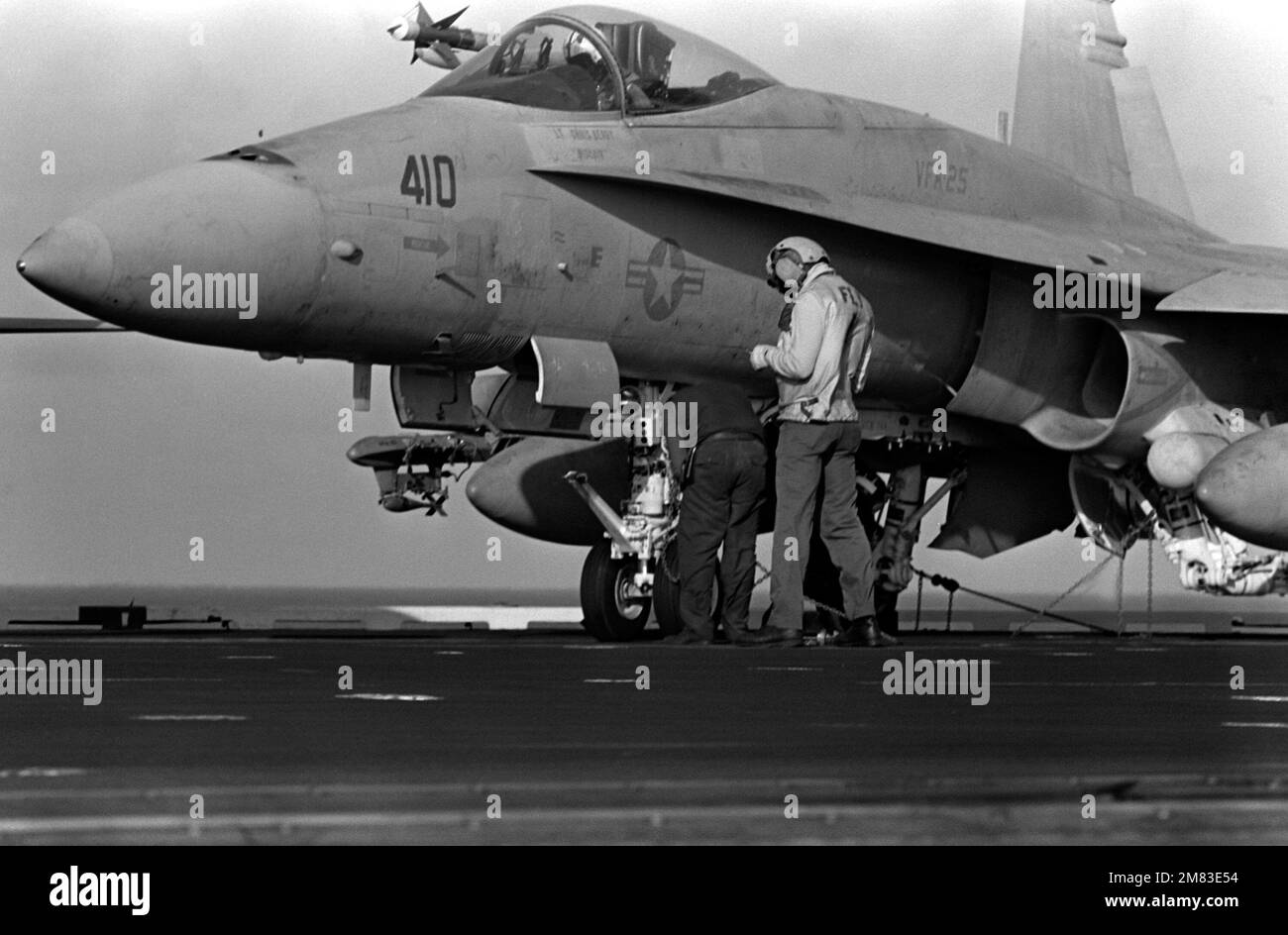 An F/A-18 Hornet aircraft from Strike-Fighter Squadron 25 (VFA-25) is ...