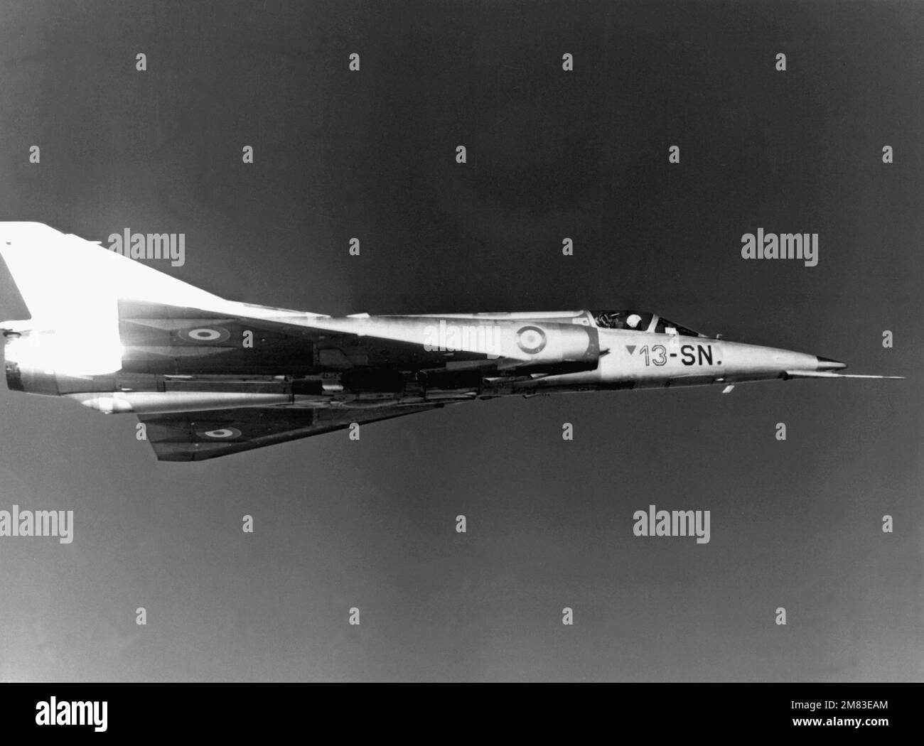 A right underside view of a French Mirage 5 aircraft. Country: Unknown ...