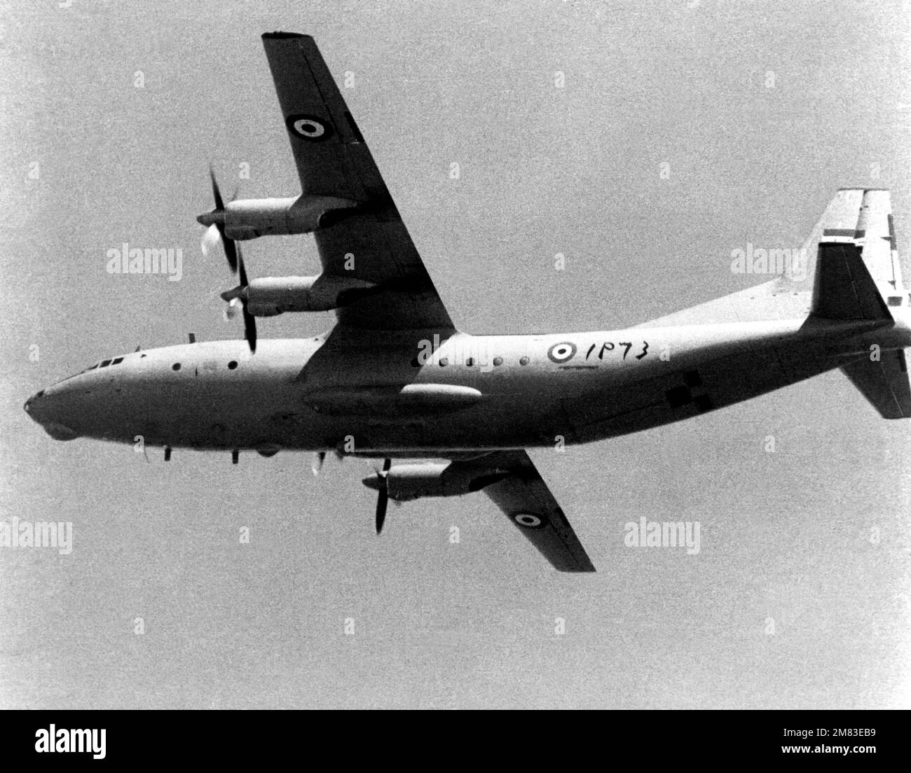 A right underside view of a Soviet-made An-12 Cub-B aircraft. Country ...