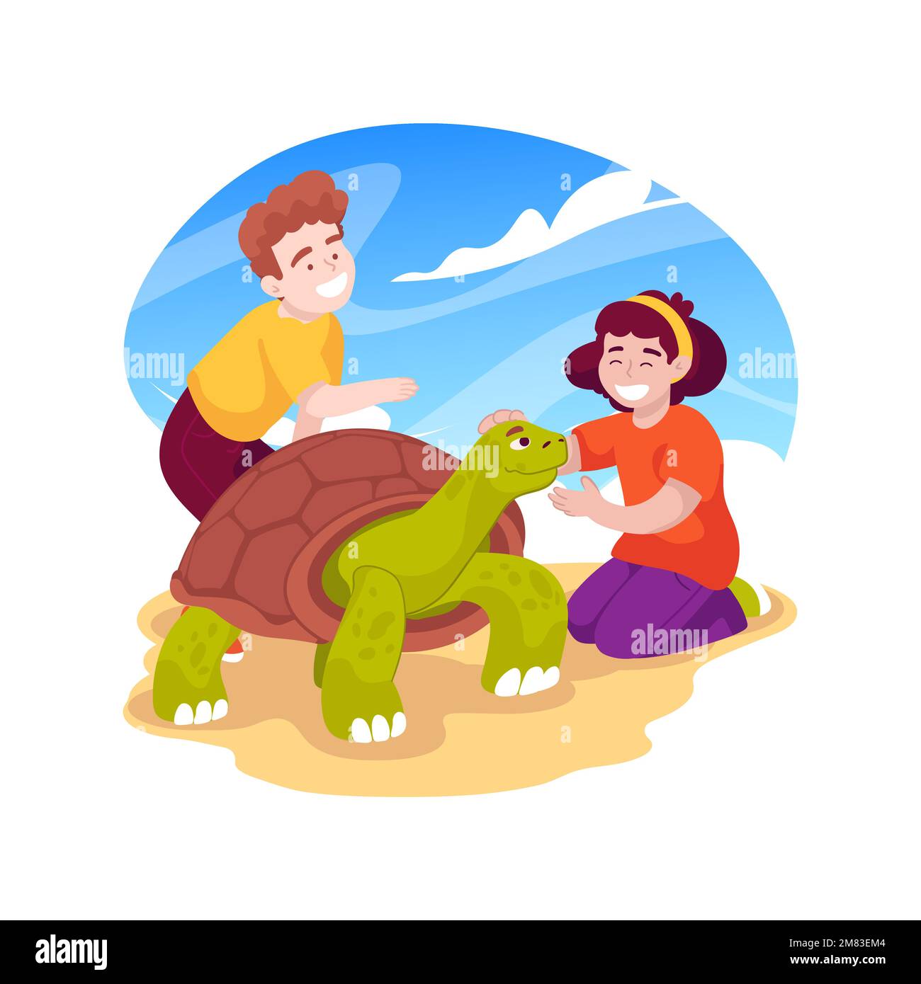 Kids touching a turtle isolated cartoon vector illustration Stock ...
