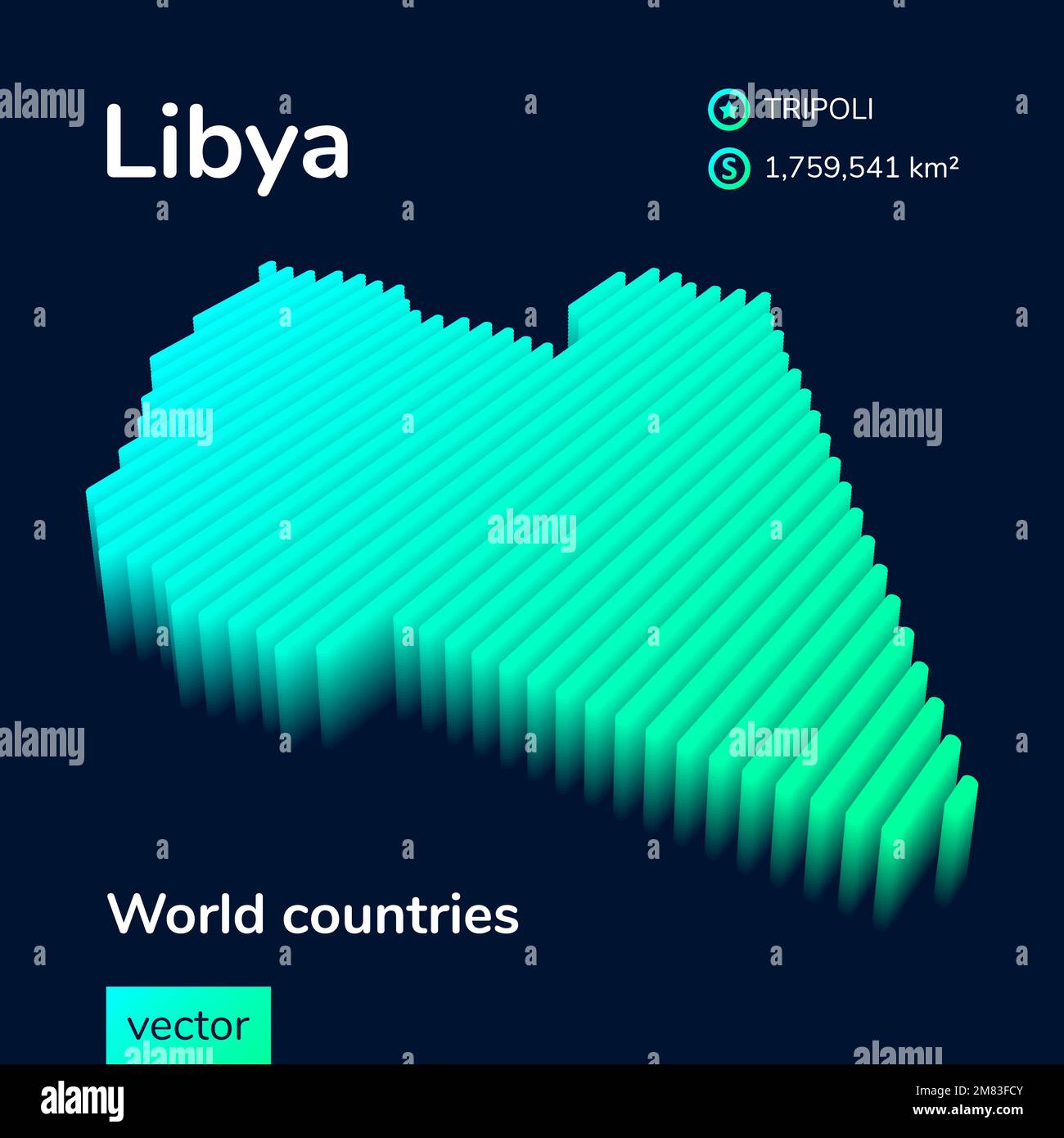 Vector Libya 3D map in turquoise colors on a dark blue background ...