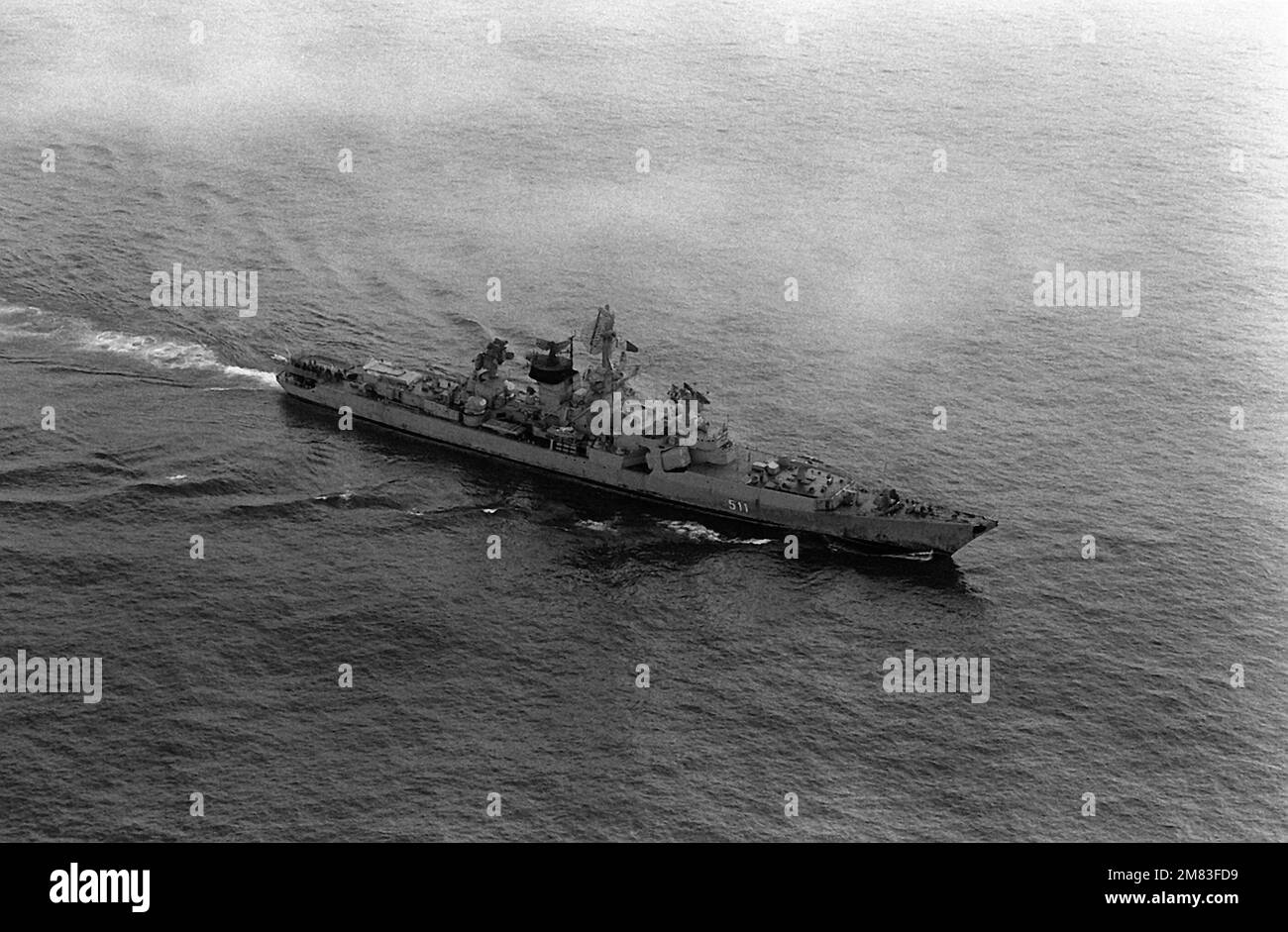 An aerial starboard bow view of a Soviet Kresta II class guided missile ...
