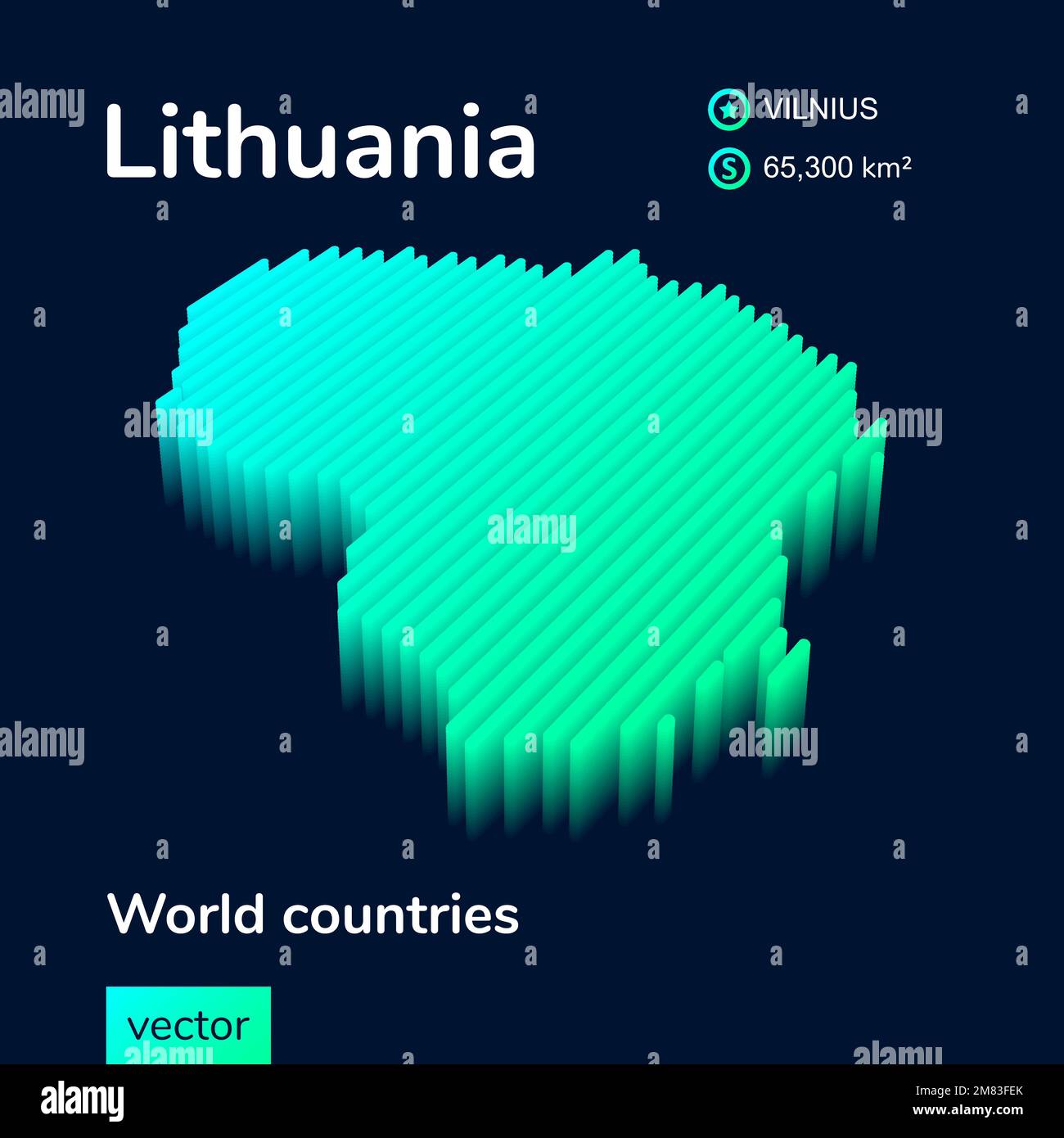Isometric 3d vector Lithuania map in neon turquoise colors on a dark ...